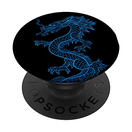 Blue Ice Dragon On Black Background PopSockets Swappable PopGrip