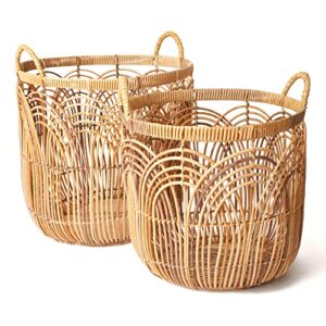 la jolie muse hand woven laundry basket set of 2, boho wicker baskets hamper with handle, chic decorative blanket basket holder for living room bedroom bathroom home office storage