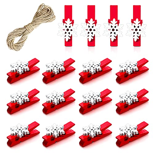 80 Pieces Snowflake Wood Clothespins Christmas Red Wood Clips Cute Wooden Clothes Pins with 32.8 Ft Rope Wood Laundry Peg Pins with Spring for Christmas Cloth DIY Crafts Bathroom Laundry Room Decor