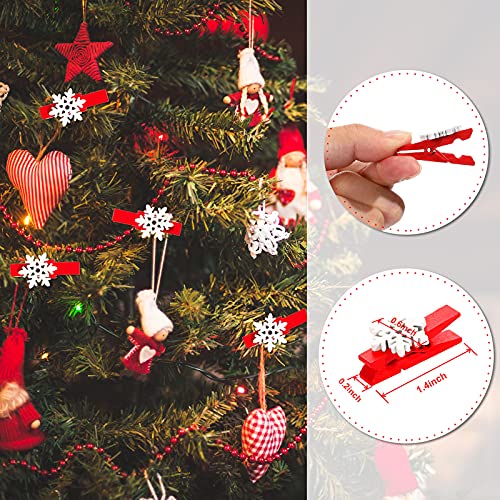 80 Pieces Snowflake Wood Clothespins Christmas Red Wood Clips Cute Wooden Clothes Pins with 32.8 Ft Rope Wood Laundry Peg Pins with Spring for Christmas Cloth DIY Crafts Bathroom Laundry Room Decor