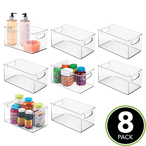 mDesign Plastic Storage Organizer Wide Container Bin with Handles for Bathroom, Home Organization - Holds Vitamins, Supplements, Makeup, Styling Tools - Ligne Collection - 8 Pack - Clear