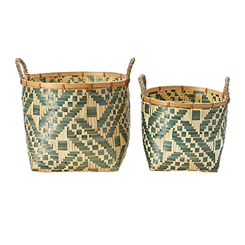 Creative Co-Op Hand-Woven Bamboo and Seagrass Construction, Set of 2 Basket, Natural & Green