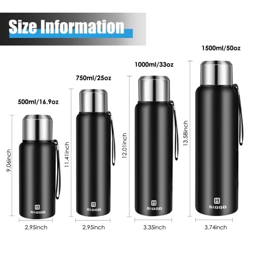 Insulated vacuum Thermo Bottle 16.9oz with cup lid Leakproof stainless water flask for coffee hot and cold drink.(Black,500ml)