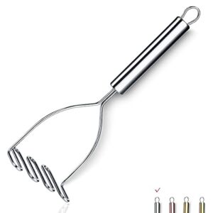 potato masher, stainless steel heavy duty metal potato ricer with mirror polish, food masher utensil, hand masher, vegetables fruits mashe, dishwasher safe (9.6 inch)