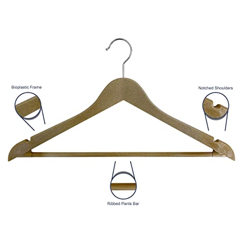 USTECH Bowed Shaped Eco-Friendly Closet Hanger with Trouser Bar for Suit, Coat, and Pant | Wood Finish Heavy Duty Clothes Hanger with Shoulder Notch to Hold Strappy Dresses | Pack of 20