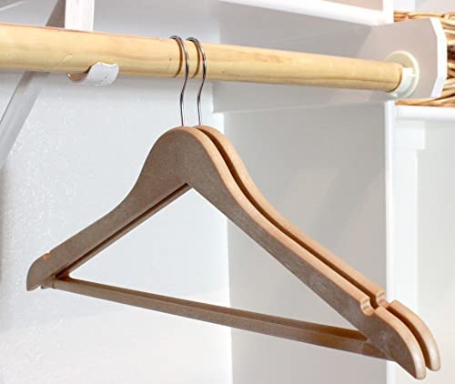 USTECH Bowed Shaped Eco-Friendly Closet Hanger with Trouser Bar for Suit, Coat, and Pant | Wood Finish Heavy Duty Clothes Hanger with Shoulder Notch to Hold Strappy Dresses | Pack of 20