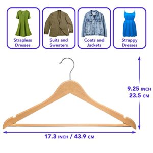 USTECH Bowed Shaped Eco-Friendly Closet Hanger with Trouser Bar for Suit, Coat, and Pant | Wood Finish Heavy Duty Clothes Hanger with Shoulder Notch to Hold Strappy Dresses | Pack of 20