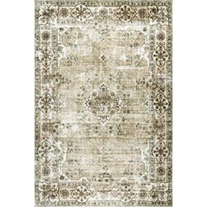 nuLOOM Paisley Machine Washable Faded Floral Border Medallion Area Rug, 6' x 9', Beige