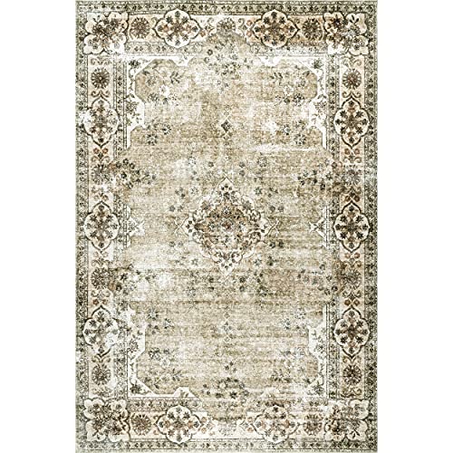 nuLOOM Paisley Machine Washable Faded Floral Border Medallion Area Rug, 6' x 9', Beige