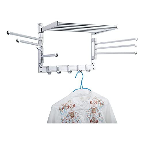 Yaegoo Clothes Drying Rack, Foldable Wall Mounted Laundry Drying Rack, Drying Rack Swivel Towel Rack with Hooks and Swing Arms, Space Saver Clothes Rack in Laundry Room and Bathroom