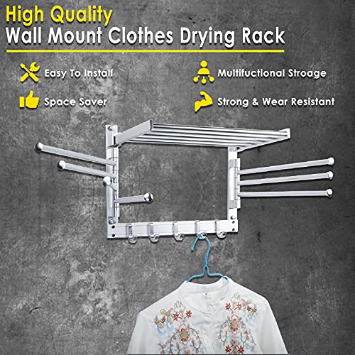 Yaegoo Clothes Drying Rack, Foldable Wall Mounted Laundry Drying Rack, Drying Rack Swivel Towel Rack with Hooks and Swing Arms, Space Saver Clothes Rack in Laundry Room and Bathroom