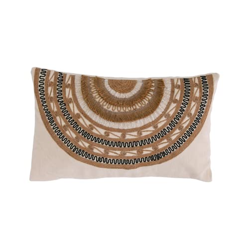 Bloomingville Rustic Boho Decorative Cotton and Linen Lumbar Embroidered Abstract Sunrise Pattern Pillow, Multicolored