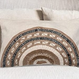 Bloomingville Rustic Boho Decorative Cotton and Linen Lumbar Embroidered Abstract Sunrise Pattern Pillow, Multicolored