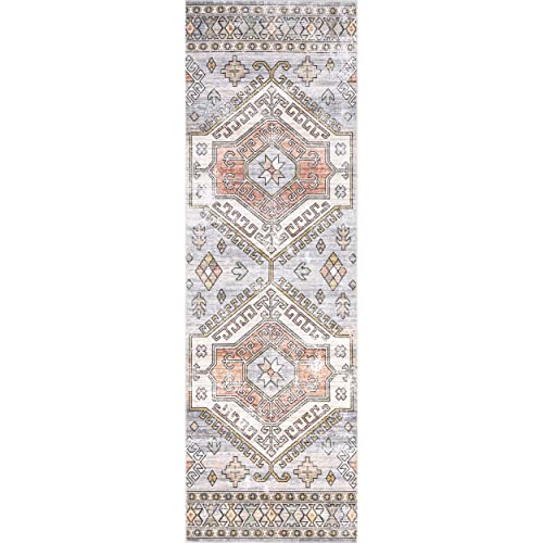 nuLOOM Mae Machine Washable Tribal Motif Runner Rug, 2' 6" x 8', Light Grey