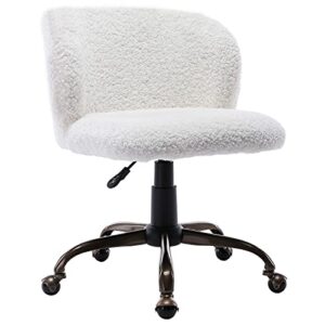 heah-yo modern white computer task desk chair with wheels, swivel adjustable vanity chair faux fur armless office chair for teens dorm room office