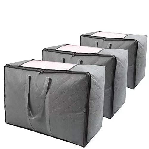 ROYTXT Fabric Organization and Storage Bins Containers Clothes Foldable Box with Handle Zipper Lids Comforters Blanket Cube Bags Dorm Room College Essentials Bedding Closet Bedroom 3 Pack, 81L, Grey