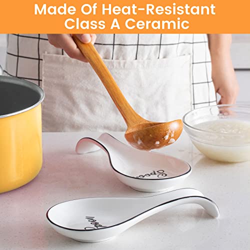 2 Packs Ceramic Spoon Rests, Vivimee White Spoon Holder, Large Size Spoon Rest for Kitchen Stove Top, Cooking Utensil Rest for Spoons, Ladles, Tong, Modern Farmhouse Kitchen Decor and Accessories