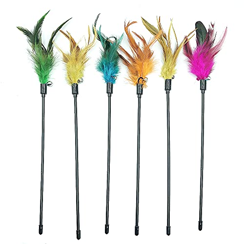 IUHKBH Cat Wand Toys, 6 PCS Interactive Cat Teaser Wand Cat Feather Toys with Loud Bell for Cat and Kitten