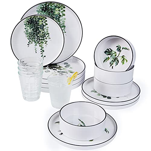 Zog Melamine Dinnerware Set for 4 - 16 Pcs Camping Dishes Set with Dinner Plates,Salad Plates,Cups and Bowls.Lightweight and Unbreakable (Flower1)