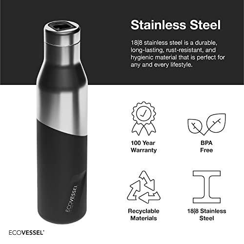 EcoVessel ASPEN Stainless Steel Water Bottle with Insulated Lid, Metal Water Bottle with Rubber Non-Slip Base. Wine Tumbler Reusable Water Bottle - 25oz (Grey Smoke)