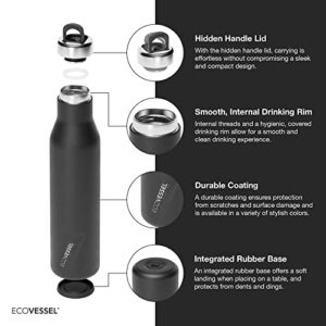 EcoVessel ASPEN Stainless Steel Water Bottle with Insulated Lid, Metal Water Bottle with Rubber Non-Slip Base. Wine Tumbler Reusable Water Bottle - 25oz (Grey Smoke)