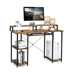 COSTWAY Computer Desk, 47’’ Home Office Table with Hutch, Book Shelves, Pull-Out Keyboard Tray, Monitor Stand, Industrial Writing Laptop Desk, for Workstation, Rustic Brown