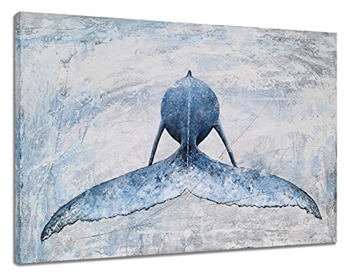 SYGALLERIER Coastal Canvas Wall Art - Blue and White Whale Paintings - Modern Abstract Tropical Fish Pictures with Textured for Bathroom Bedroom Living Room Decor