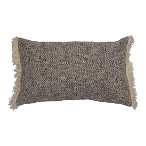 creative co-op polyester woven cotton lumbar chambray back & fringe pillow, black & cream