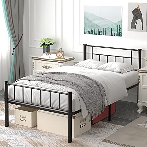 Twin Bed Frames, 14 Inch Twin Size Bed Frame for Kids with Headboard, Heavy Duty Steel Slat Twin Metal Bed Frames, No Box Spring Needed, Mattress Foundation, Anti-Slip, Easy Assembly, Black