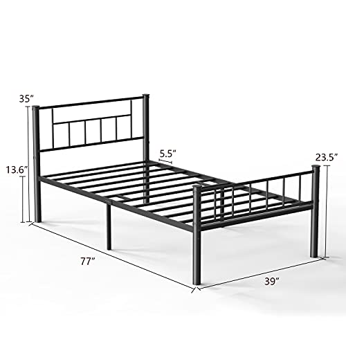 Twin Bed Frames, 14 Inch Twin Size Bed Frame for Kids with Headboard, Heavy Duty Steel Slat Twin Metal Bed Frames, No Box Spring Needed, Mattress Foundation, Anti-Slip, Easy Assembly, Black