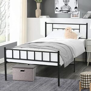 Twin Bed Frames, 14 Inch Twin Size Bed Frame for Kids with Headboard, Heavy Duty Steel Slat Twin Metal Bed Frames, No Box Spring Needed, Mattress Foundation, Anti-Slip, Easy Assembly, Black