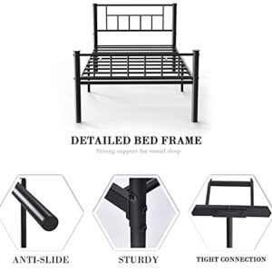 Twin Bed Frames, 14 Inch Twin Size Bed Frame for Kids with Headboard, Heavy Duty Steel Slat Twin Metal Bed Frames, No Box Spring Needed, Mattress Foundation, Anti-Slip, Easy Assembly, Black