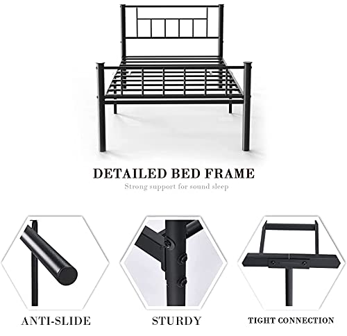 Twin Bed Frames, 14 Inch Twin Size Bed Frame for Kids with Headboard, Heavy Duty Steel Slat Twin Metal Bed Frames, No Box Spring Needed, Mattress Foundation, Anti-Slip, Easy Assembly, Black