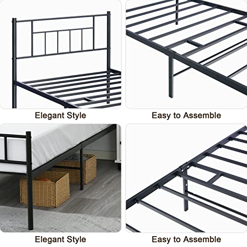 Twin Bed Frames, 14 Inch Twin Size Bed Frame for Kids with Headboard, Heavy Duty Steel Slat Twin Metal Bed Frames, No Box Spring Needed, Mattress Foundation, Anti-Slip, Easy Assembly, Black