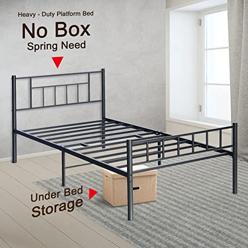 Twin Bed Frames, 14 Inch Twin Size Bed Frame for Kids with Headboard, Heavy Duty Steel Slat Twin Metal Bed Frames, No Box Spring Needed, Mattress Foundation, Anti-Slip, Easy Assembly, Black