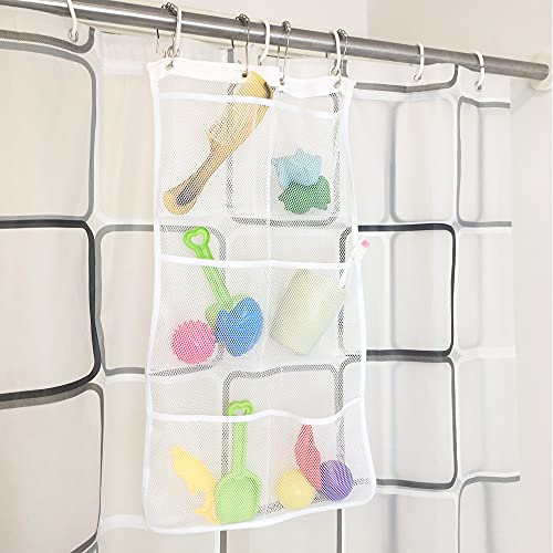 Sainal White Mesh Shower Caddy Organizer with 6 Pockets and 4 Rings/Hooks Hanging on Shower Curtain Rod for Bathroom supplies, Save Space,Storage Bag for Toys