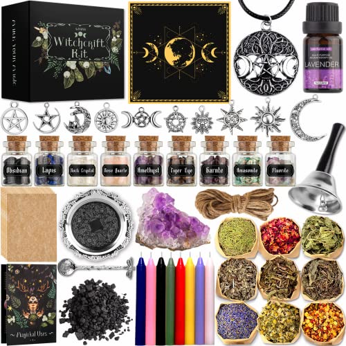 Witchcraft Supplies Kit for Spells, 57 PCS Witch Box Include Dried Herb Crystal Jar Candles Amethyst Cluster Parchment, Wiccan Supplies and Tools, Beginner Witchcraft Kit Witch Stuff for Pagan Rituals