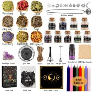 Witchcraft Supplies Kit for Spells, 57 PCS Witch Box Include Dried Herb Crystal Jar Candles Amethyst Cluster Parchment, Wiccan Supplies and Tools, Beginner Witchcraft Kit Witch Stuff for Pagan Rituals