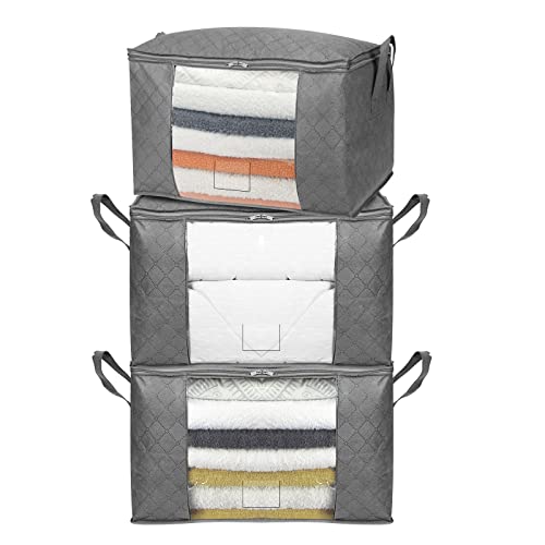 Micuul 3 Pack Clothes Storage Bag 90L Large Capacity Organizer with Reinforced Handle Thick Fabric Foldable Containers for Comforters, Blankets, Bedding with Sturdy Zipper, Clear Window (Grey)