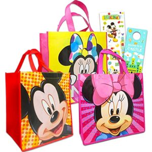 disney mickey and minnie mouse tote bag bundle ~ 3 classic mickey and minnie mouse reusable grocery bags, travel totes, for kids, adults party supplies, party favors with stickers