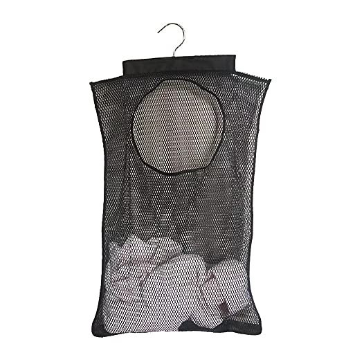 Sainal Mesh Storage Bag Laundry Hamper, Foldable Hanging Clothes Storage Pocket, Portable Space Saver (Black)