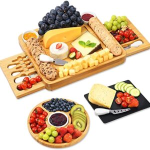 ROYAMY Bamboo Cheese Charcuterie Board and Knife Set Cheese Serving Board with Round Tray Wooden Cheese Platter Set,Cheese Tray, Perfect for Christmas, Anniversary,Wedding,Housewarming Gift Ideas