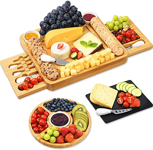 ROYAMY Bamboo Cheese Charcuterie Board and Knife Set Cheese Serving Board with Round Tray Wooden Cheese Platter Set,Cheese Tray, Perfect for Christmas, Anniversary,Wedding,Housewarming Gift Ideas