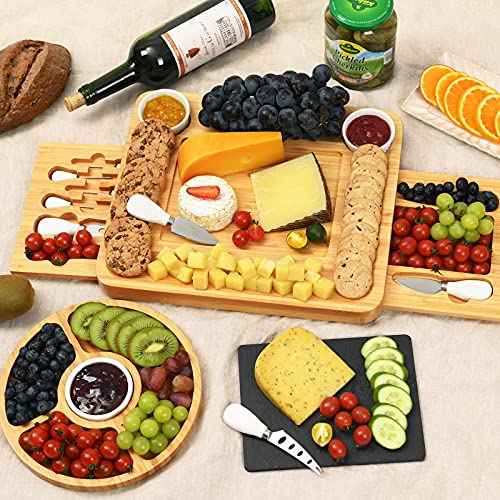 ROYAMY Bamboo Cheese Charcuterie Board and Knife Set Cheese Serving Board with Round Tray Wooden Cheese Platter Set,Cheese Tray, Perfect for Christmas, Anniversary,Wedding,Housewarming Gift Ideas