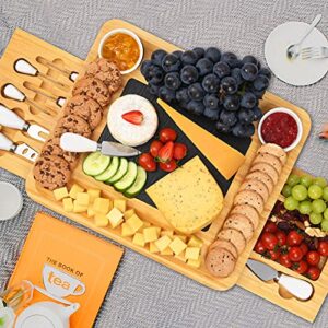 ROYAMY Bamboo Cheese Charcuterie Board and Knife Set Cheese Serving Board with Round Tray Wooden Cheese Platter Set,Cheese Tray, Perfect for Christmas, Anniversary,Wedding,Housewarming Gift Ideas