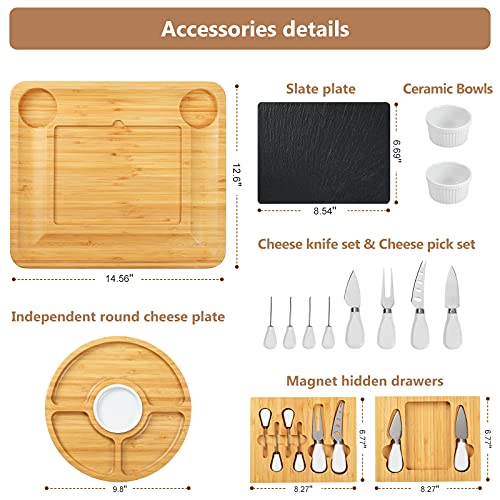 ROYAMY Bamboo Cheese Charcuterie Board and Knife Set Cheese Serving Board with Round Tray Wooden Cheese Platter Set,Cheese Tray, Perfect for Christmas, Anniversary,Wedding,Housewarming Gift Ideas