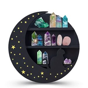 black crescent moon shelf for crystals - crystal moon shelves, crystal shelf display for stones, moon wall shelf for crystals and stones, moon shelf wall decor, moon crystal shelves, 12"x12"x3"