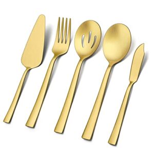 gold serving utensil set of 5, e-far metal matte golden catering serving utensils, stainless steel square edge hostess serving set for buffet party kitchen restaurant, non-toxic & dishwasher safe