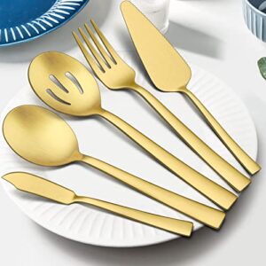 Gold Serving Utensil Set of 5, E-far Metal Matte Golden Catering Serving Utensils, Stainless Steel Square Edge Hostess Serving Set for Buffet Party Kitchen Restaurant, Non-toxic & Dishwasher Safe