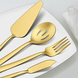 Gold Serving Utensil Set of 5, E-far Metal Matte Golden Catering Serving Utensils, Stainless Steel Square Edge Hostess Serving Set for Buffet Party Kitchen Restaurant, Non-toxic & Dishwasher Safe